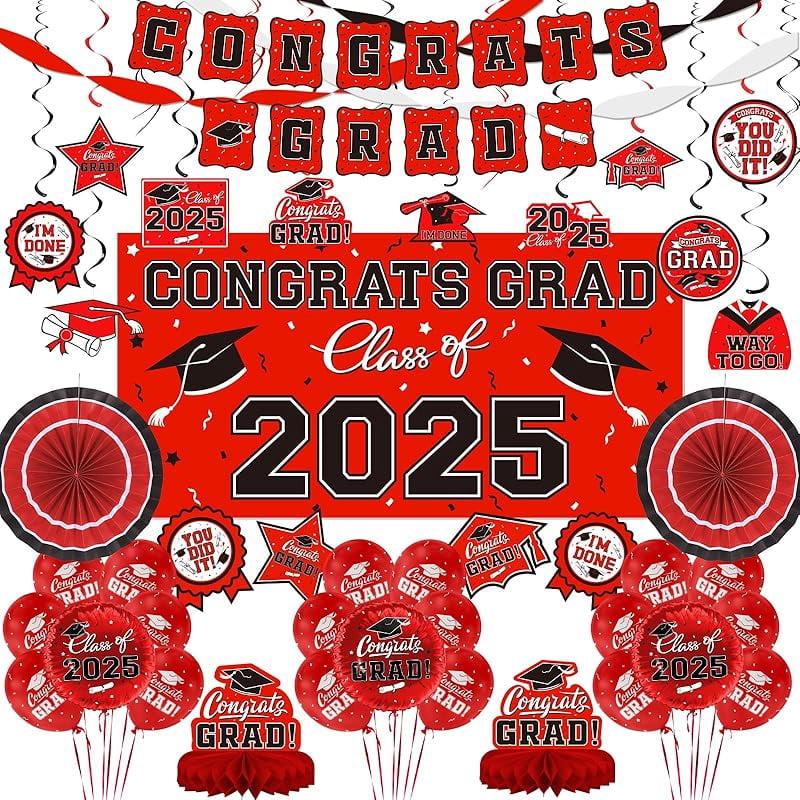 Red Themed 2025 Graduation Decorations Set - Congrats Grad Banner ...