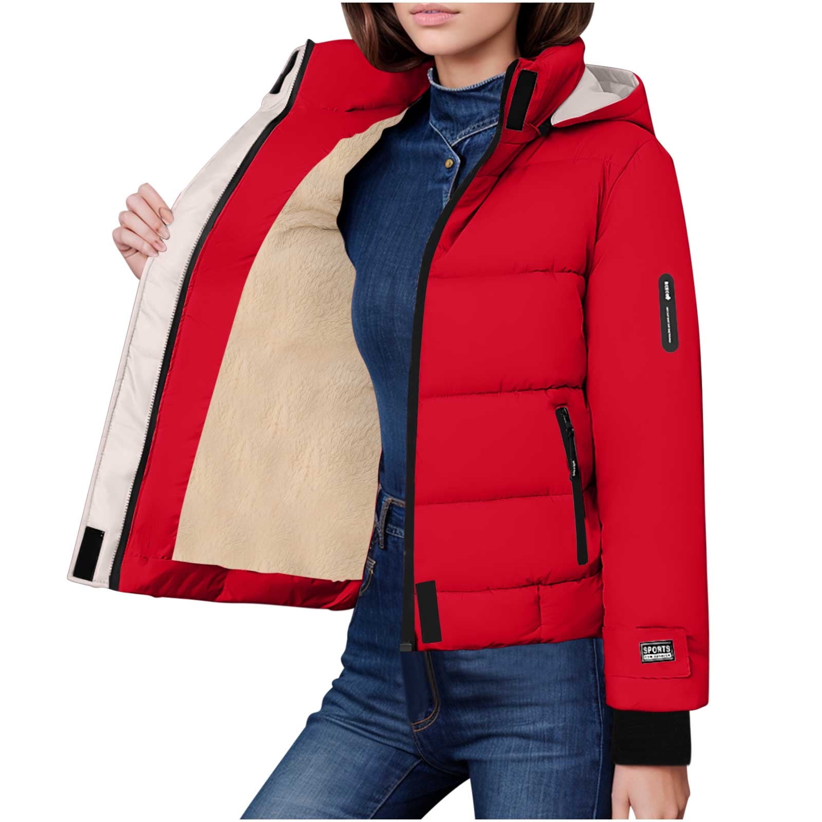 Red Thick Thermal Thick Fuzzy Plain Going Out Puffer Jackets for Women ...