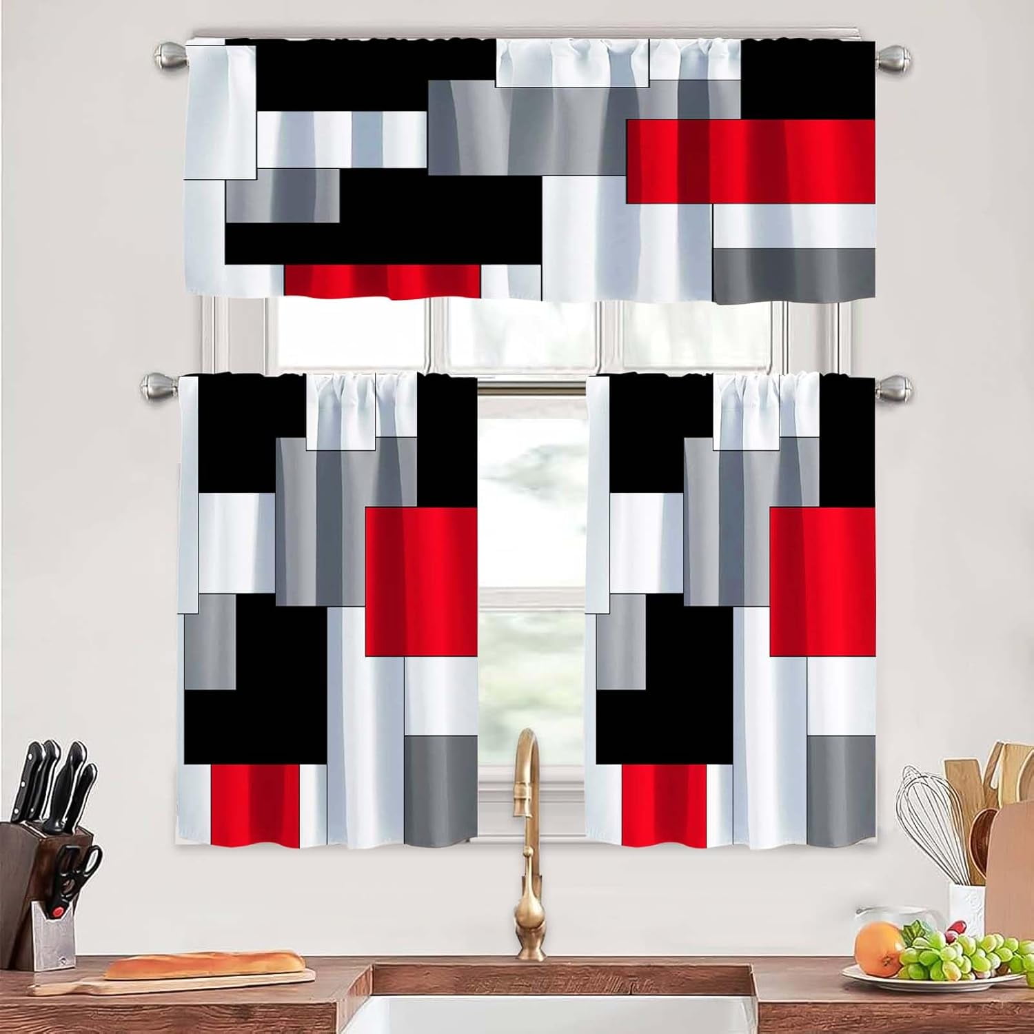 Red Thin Kitchen Curtains Tiers and Valances Set 3 Piece for Windows ...