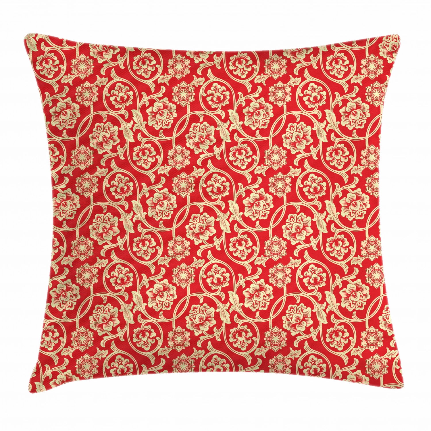 Red Throw Pillow Cushion Cover, Chinese Blossoms with Tangled Curly ...