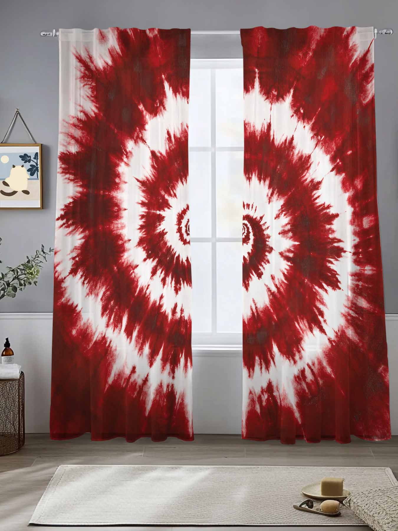 Red Tie-dye Sheer Curtains 108 Inches Long 2 Panels Chinese Style ...