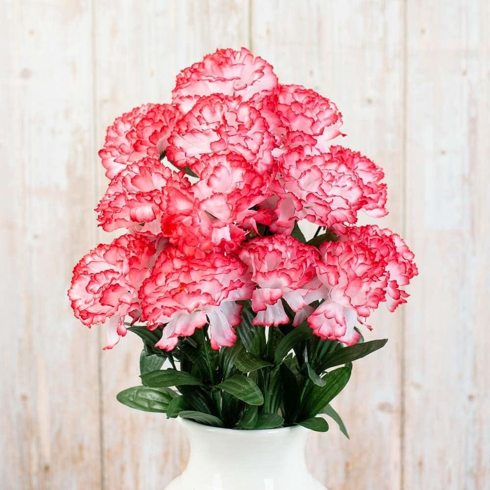 Red Tipped White Carnation Silk Flower Bush With 14 - Fake Floral ...