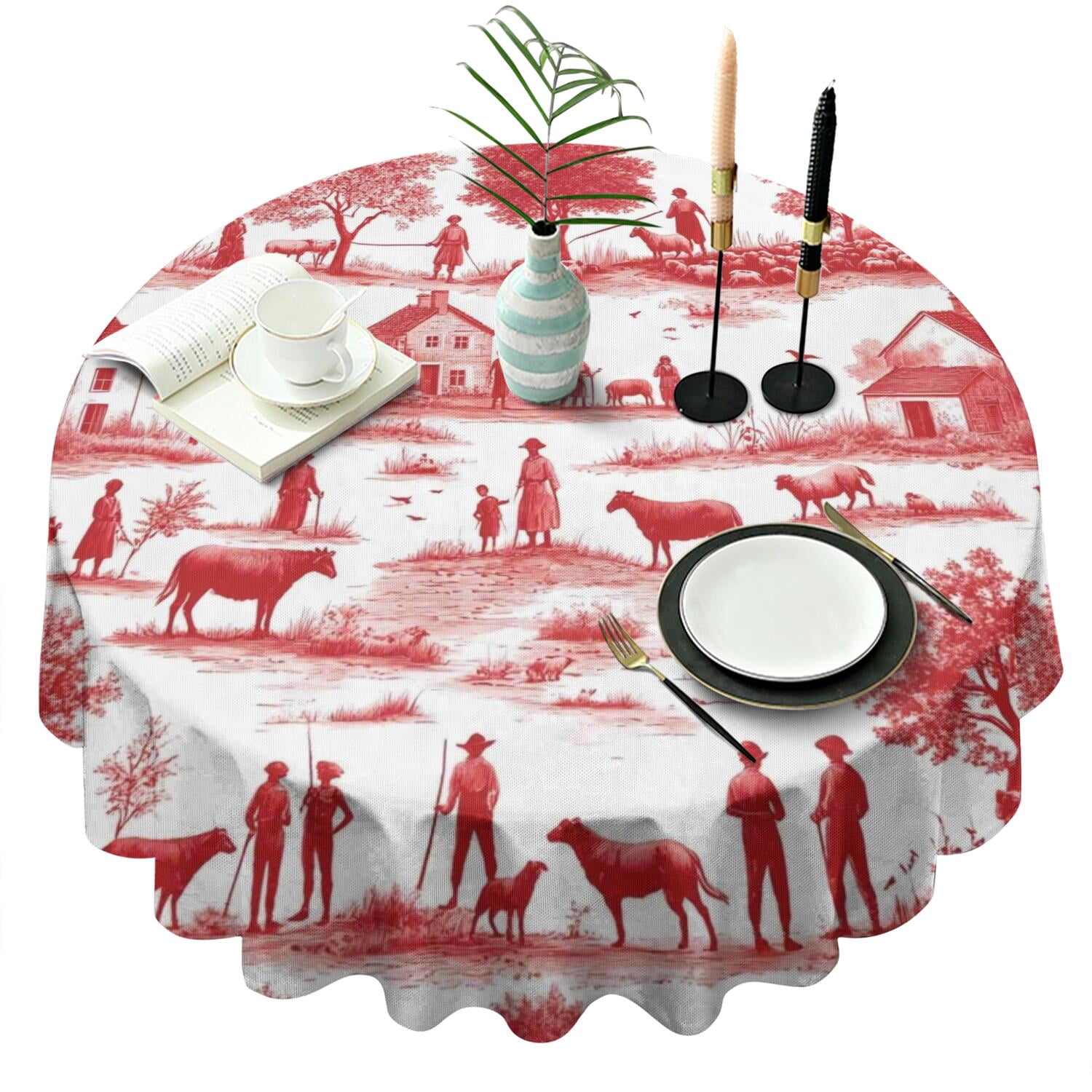 Red Toile Pattern Sheep Herders Dogs Houses Round Tablecloth 60" X 60 ...