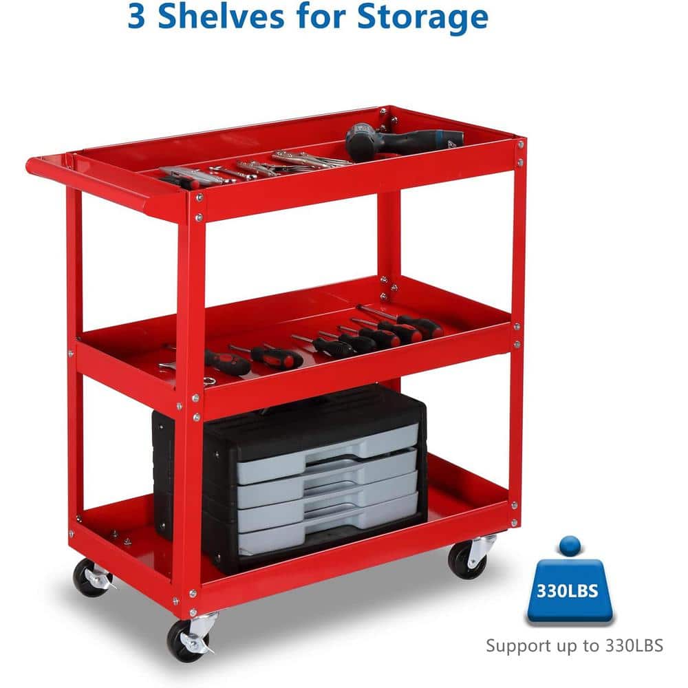 Red Tool Cart on Wheels, 3-Tier Rolling Mechanic Tool Cart, Heavy-Duty Steel Utility Cart with ...
