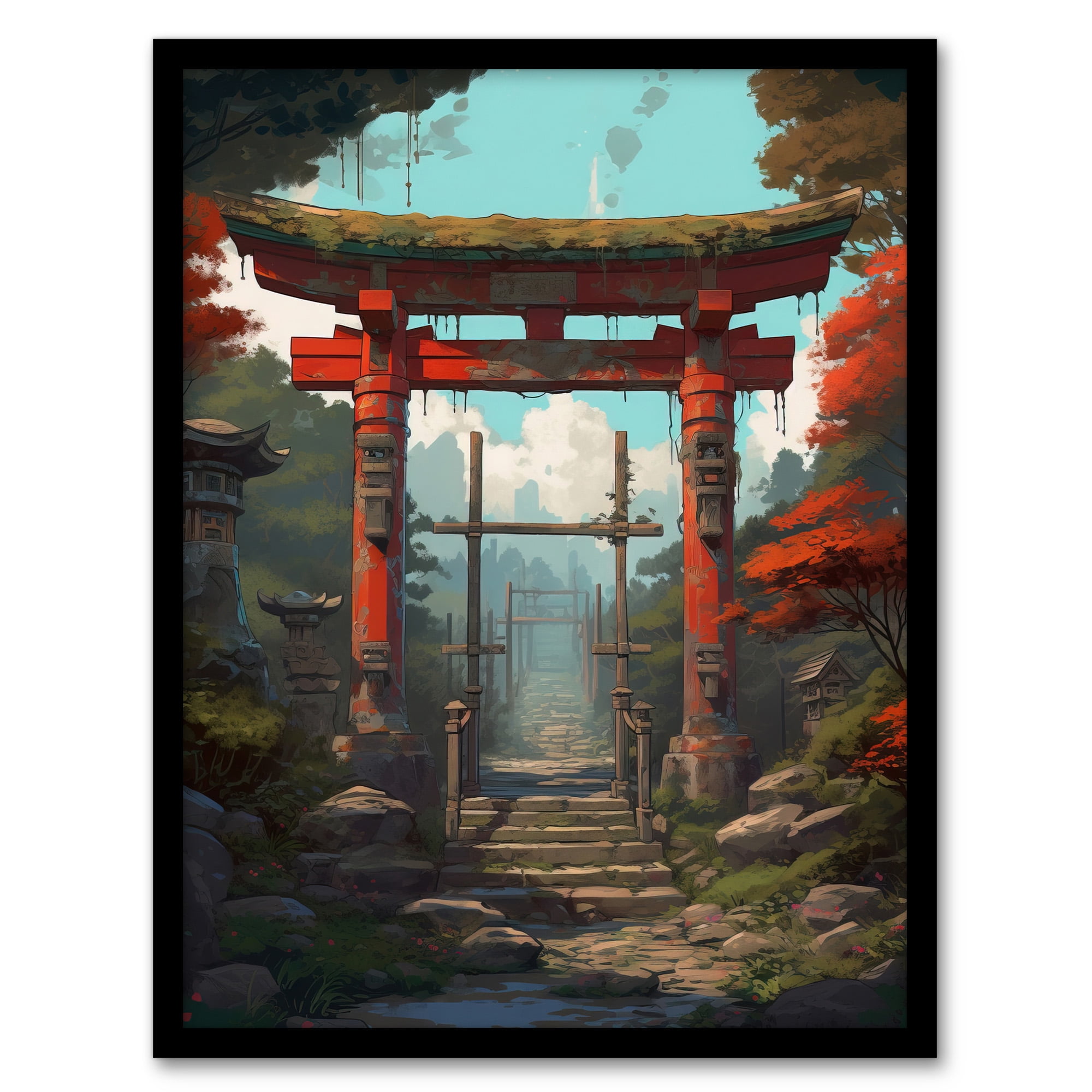 Red Torii Gate Leading to Shinto Shrine in Forest Painting Steps to ...