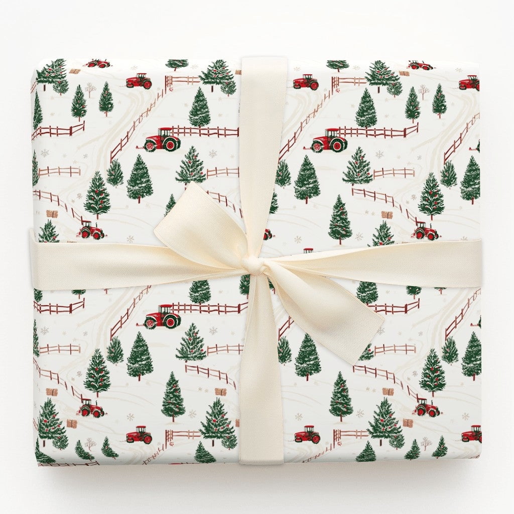 Red Tractor Christmas Tree Farm Snowy Landscape Holiday Wrapping Paper ...