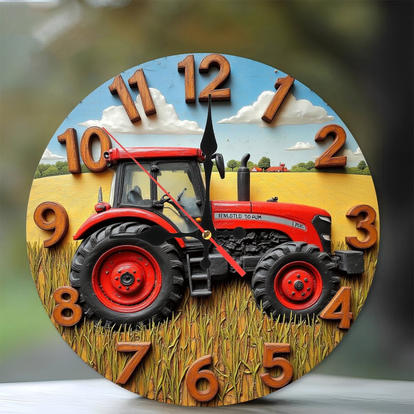 Red Tractor Farm Clock Wall Art Decor Gift 10-Inch Silent Wooden Wall ...