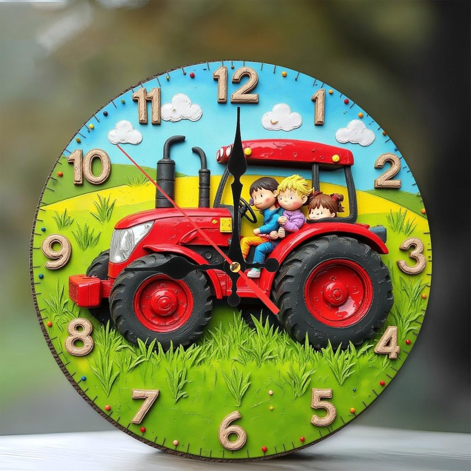 Red Tractor Kids Farm Clock Wall Decor 10-Inch Wooden Wall Clock ...