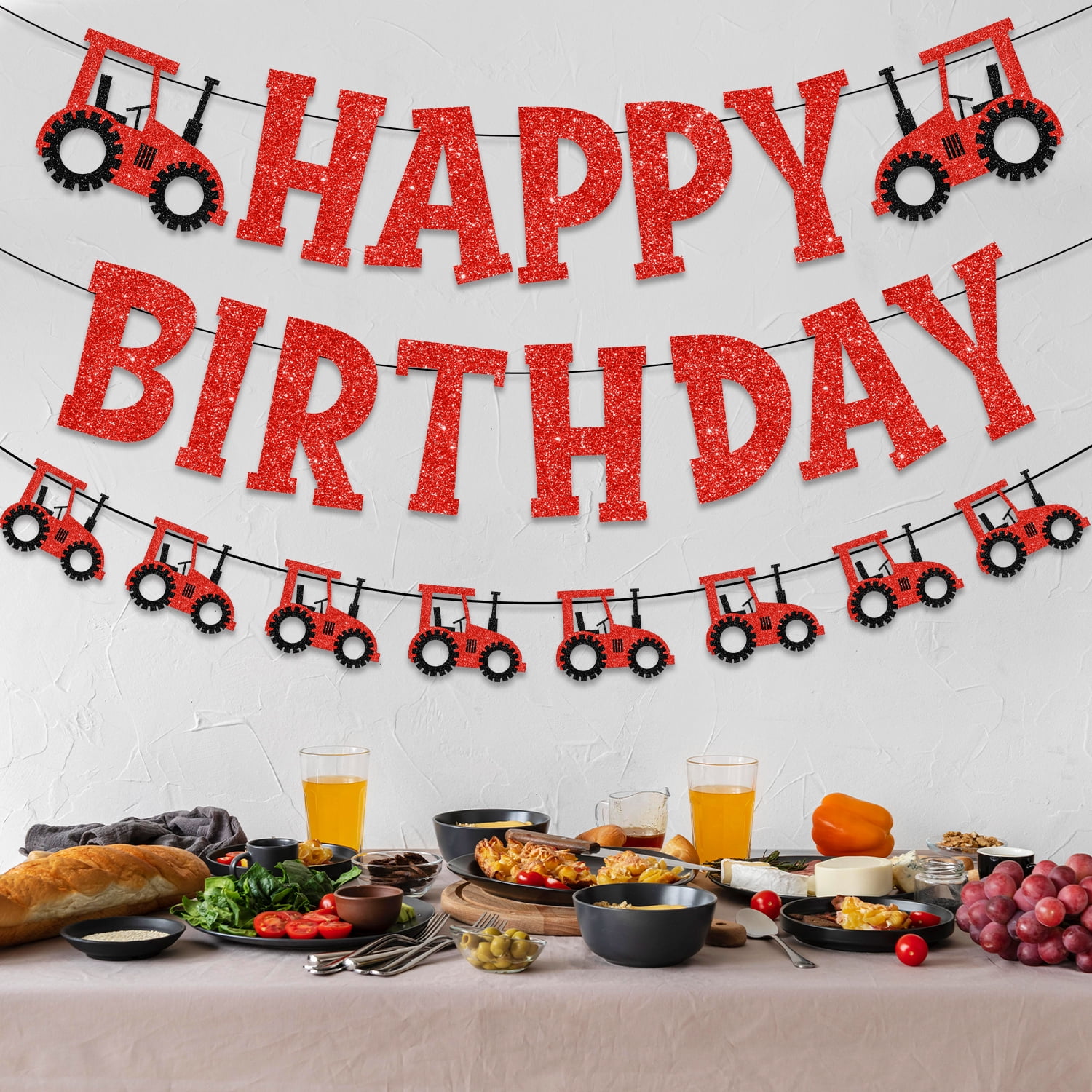 Red Tractor Theme Birthday Decorations, Glitter Tractor Happy Birthday ...