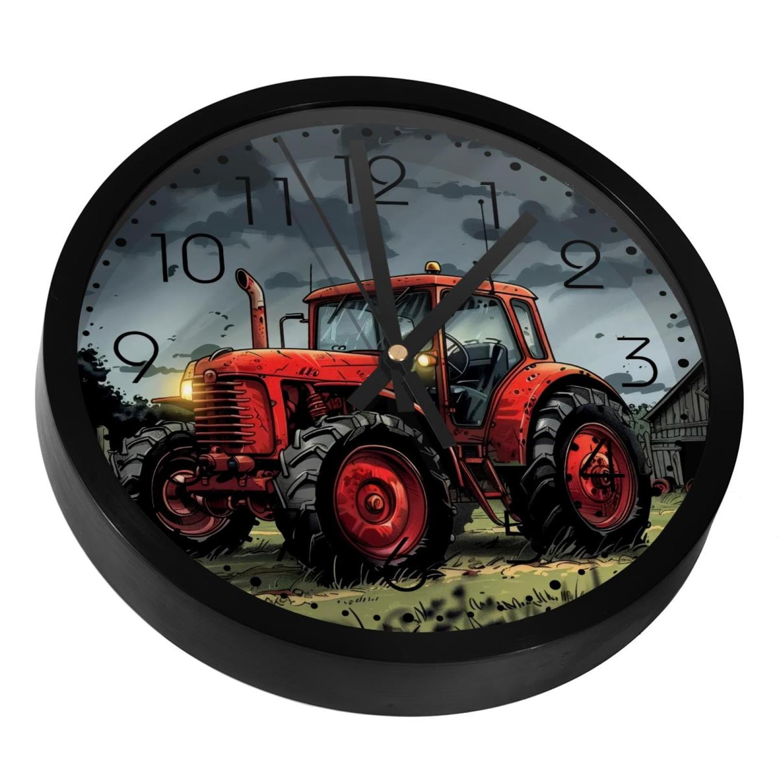 Red Tractor on Farm Silent Wall Clock, Non Ticking Battery Operated 9.8 ...