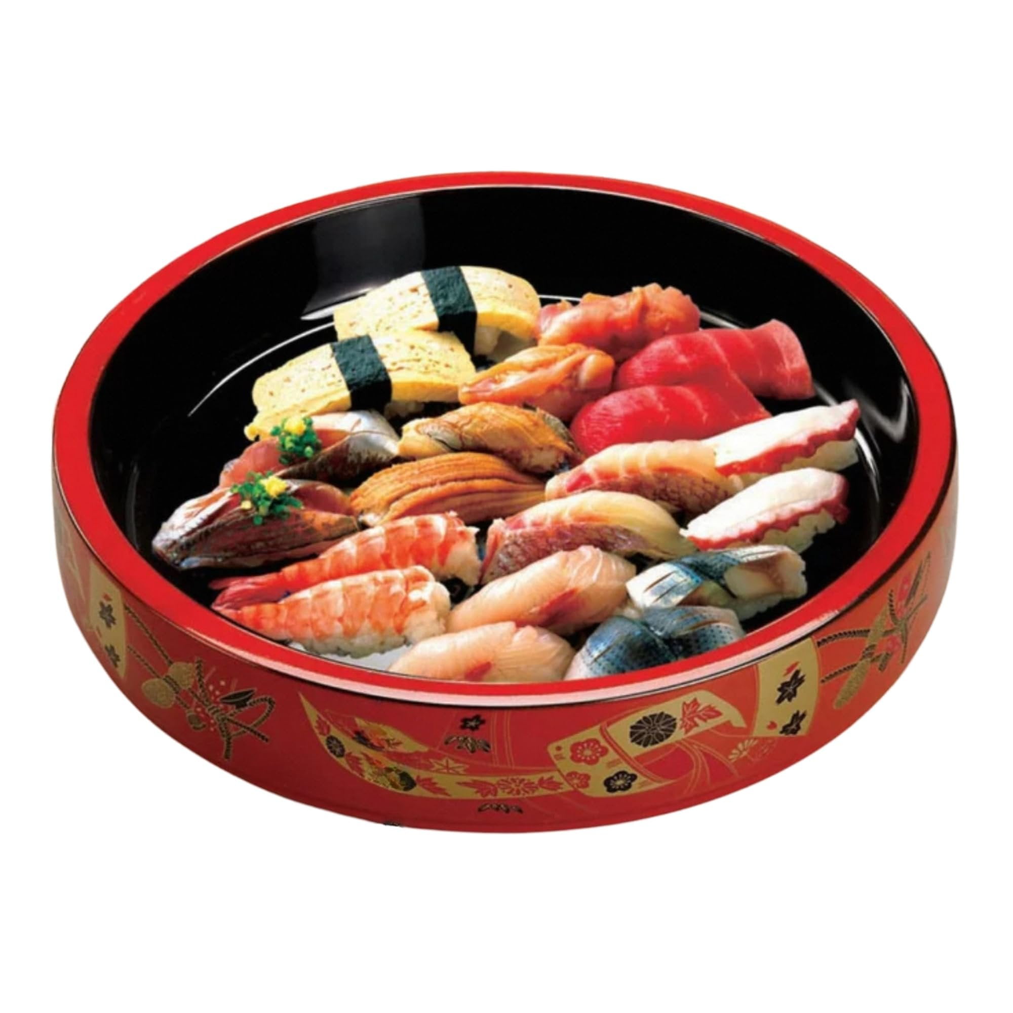 Red with Traditional Art Sushi Serving Tray - Round Sashimi Platter ...