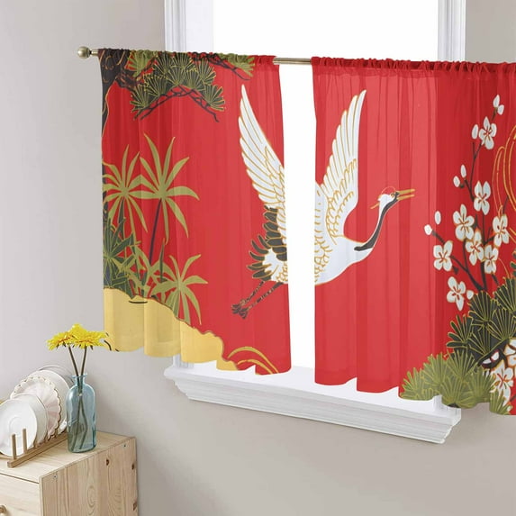 Red Traditional Sheer Curtains 54 Inches Length 2 Panels Set, Window ...