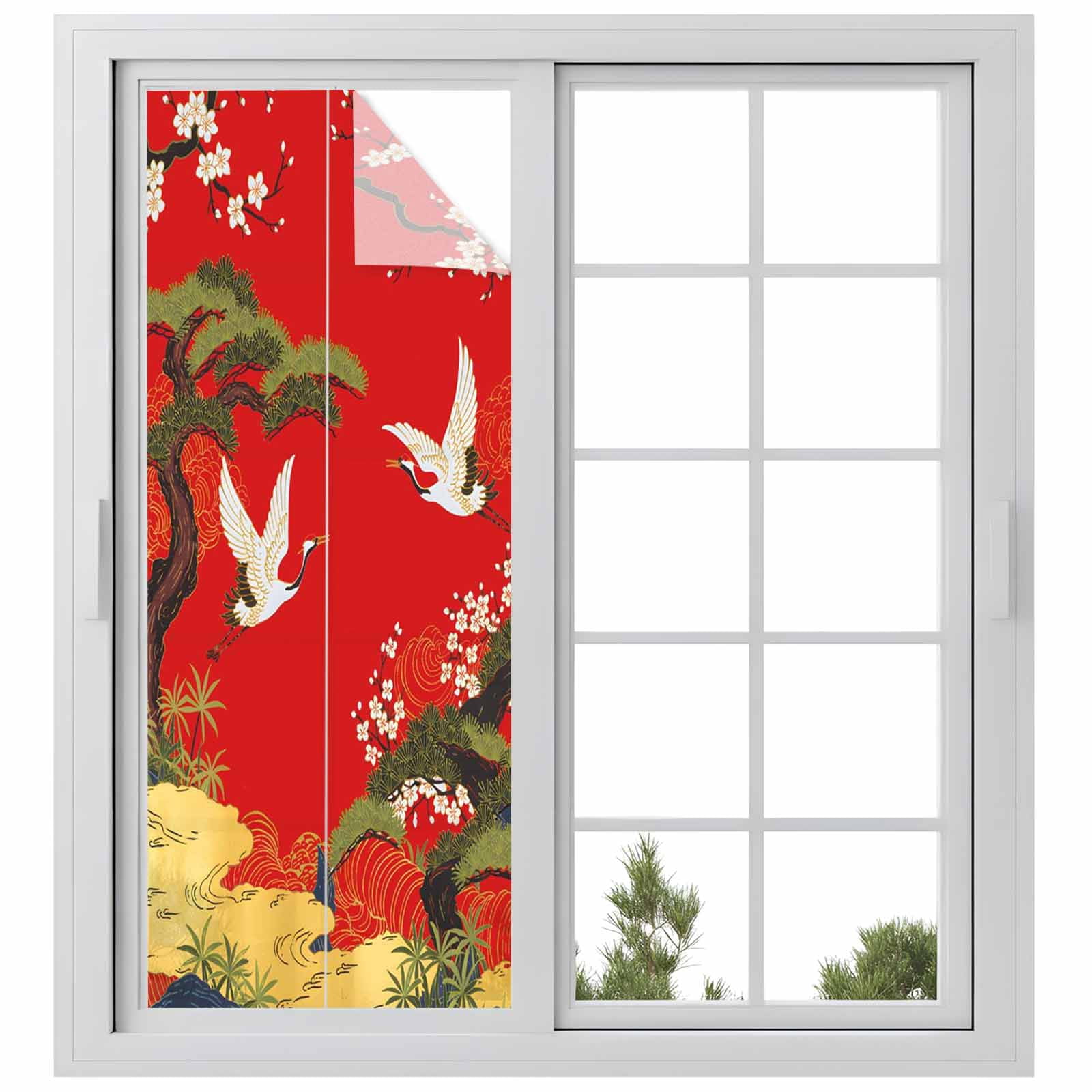 Red Traditional Window Privacy Film, Vintage Crane Pine Flowers Natural ...