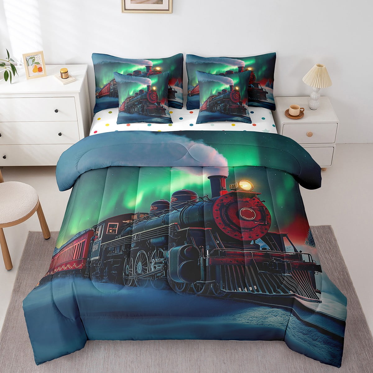 Red Train Bed In A Bag Retro Steam Engine Railway Bedding Set 7 Pcs ...