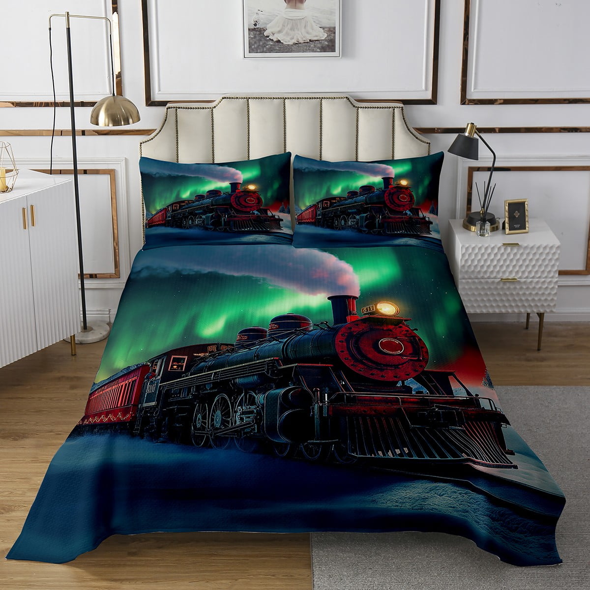 Red Train Bedspread Set Retro Steam Engine Railway Quilt Set Train ...