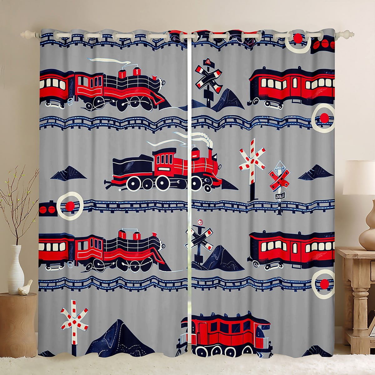 Red Train Curtains Cartoon Car Curtains & Drapes,Vintage Style Steam ...