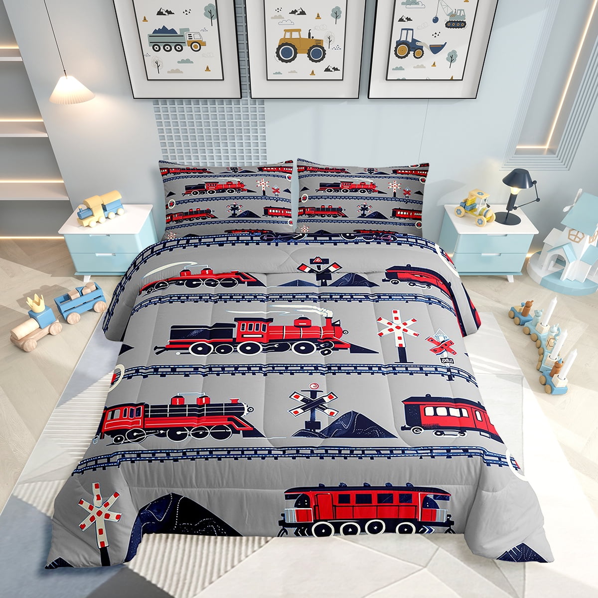 Red Train Bedding Set Twin Size Cartoon Car Comforter, Vintage Style ...