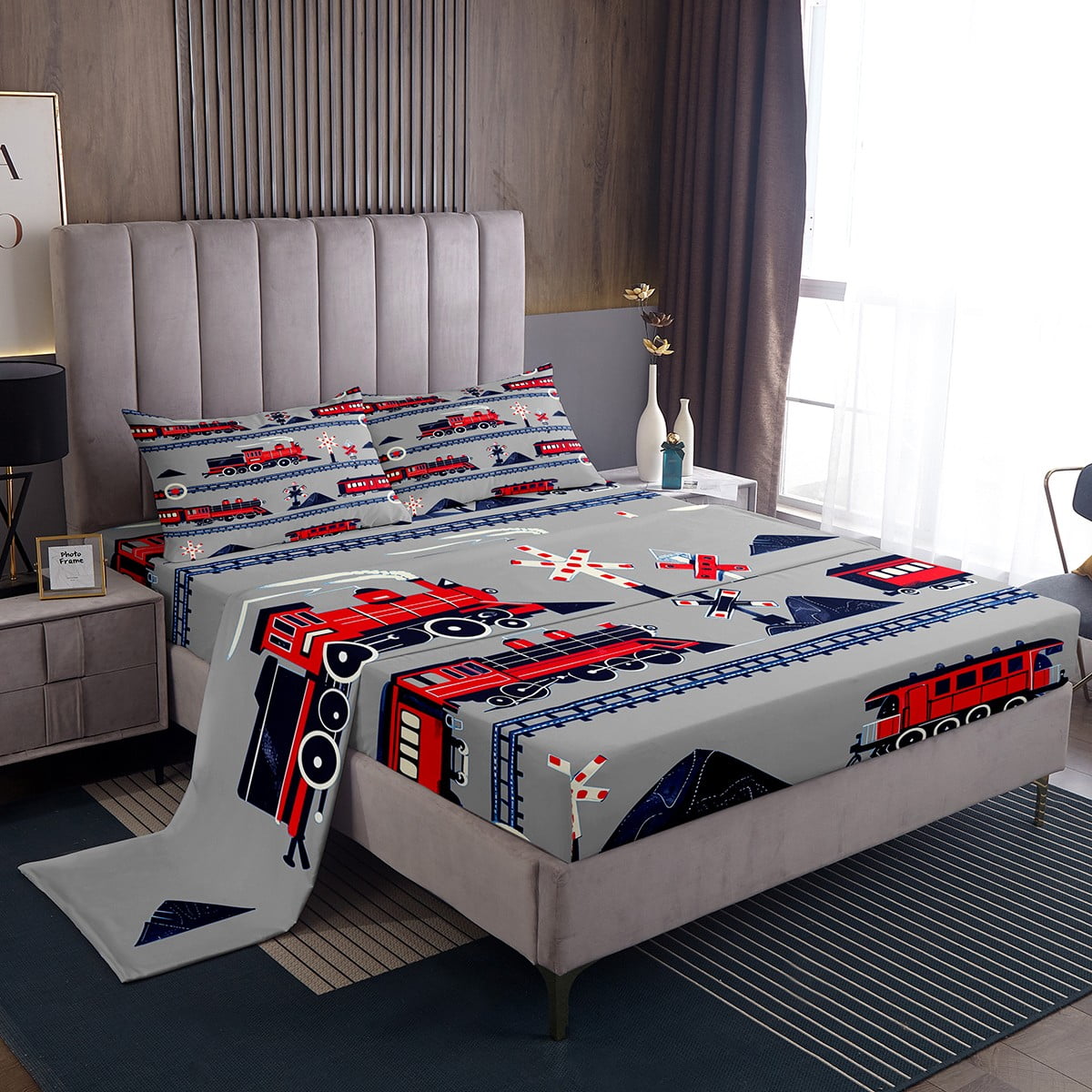 Red Train Sheets Queen Size Cartoon Car Bed Sheets Set, Vintage Style ...