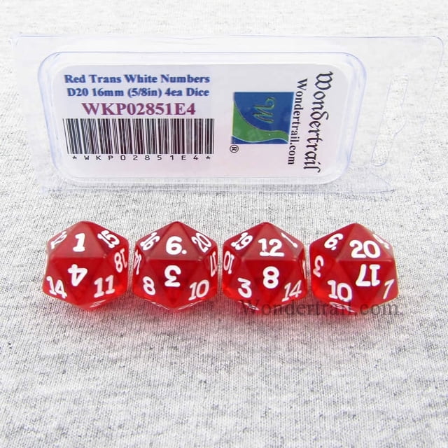 Red Transparent Dice with White Numbers D20 16mm (5/8in) Pack of 4 ...