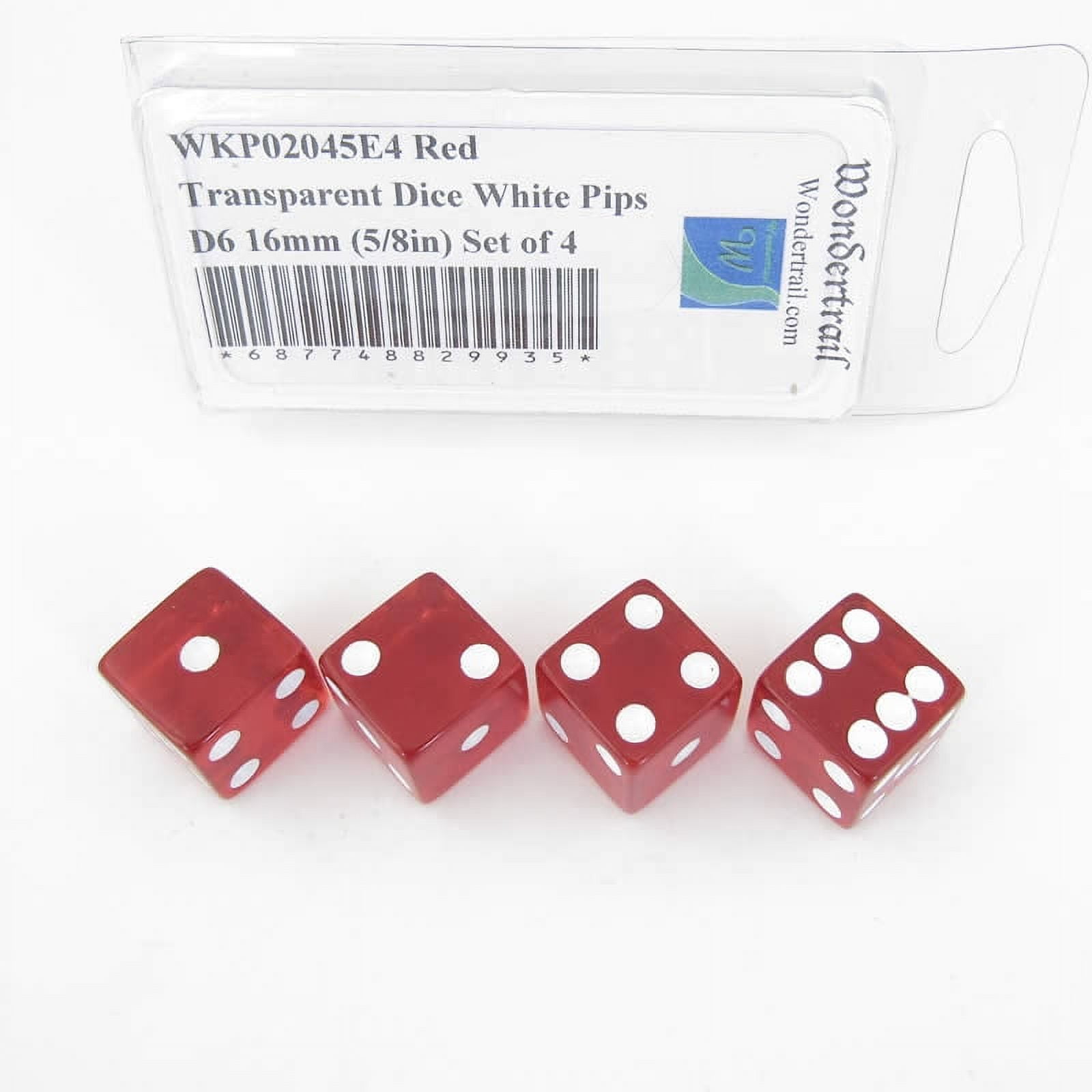 Red Transparent Dice with White Pips Square Corners D6 16mm (5/8in) Set of 4 Wondertrail ...