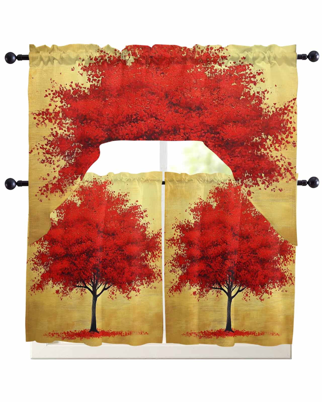 Red Tree Kitchen Curtains Swag Valance and Tier Curtains Set 36 Inch ...