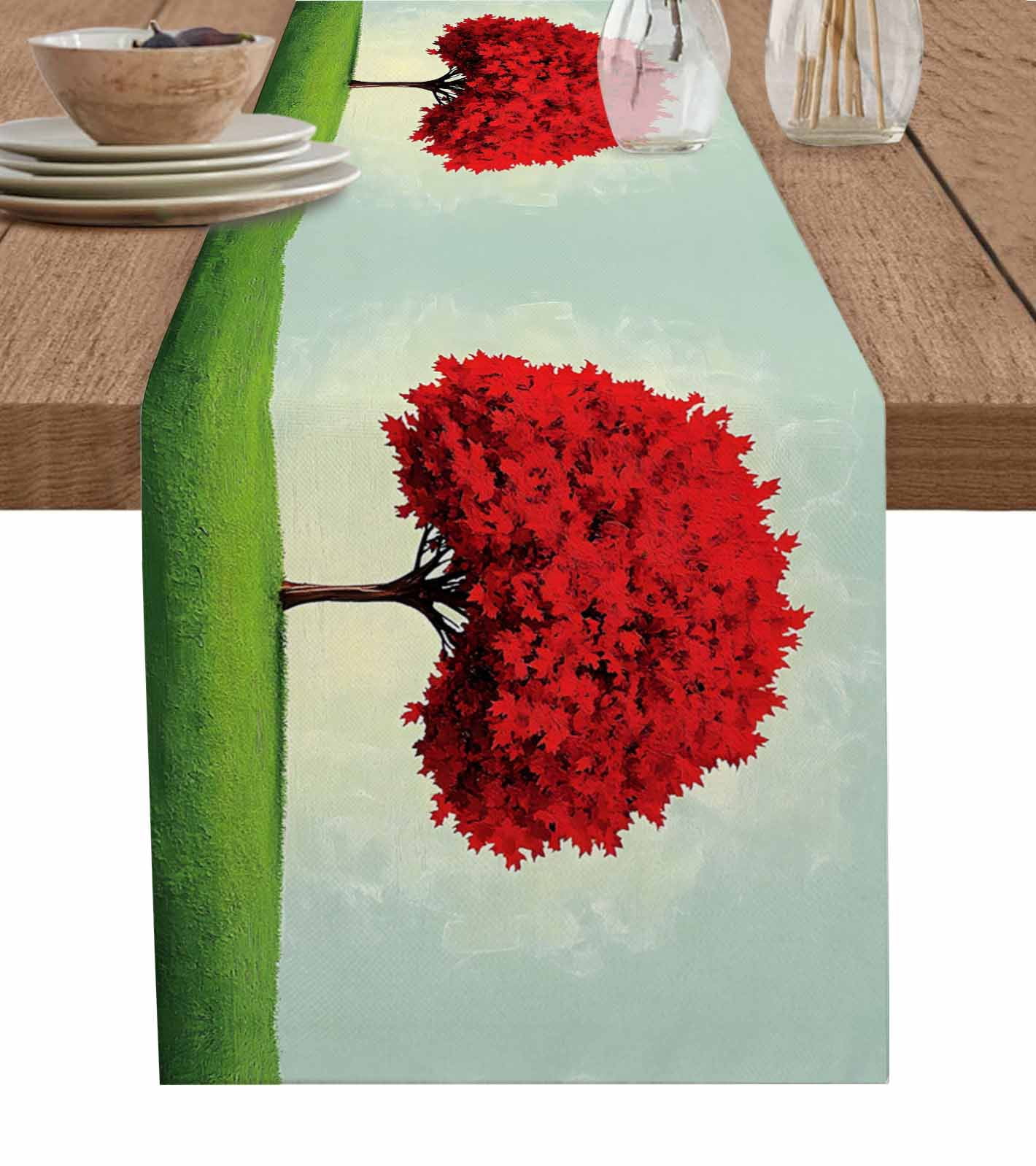 Red Tree Table Runner 120 Inches, Green Grass Gradient Sky Watercolor ...