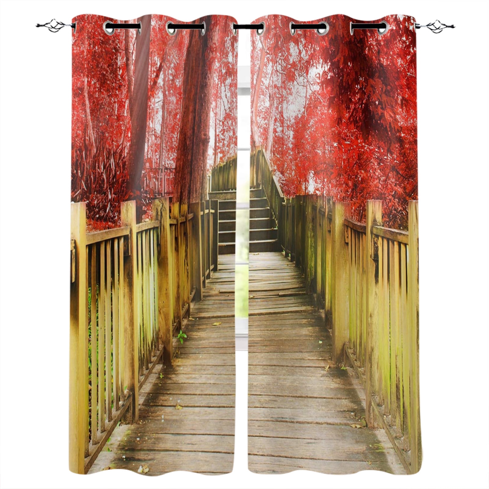 Red Trees Starry Sky Grass Window Curtains Living Room Kitchen Curtains ...
