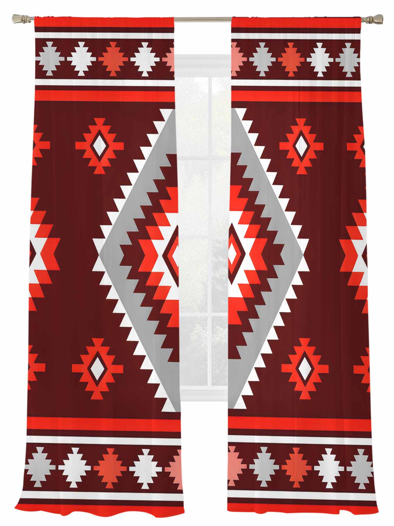 Red Tribal Geometric Sheer Curtains 84 inches Long, Bohemian Vintage ...