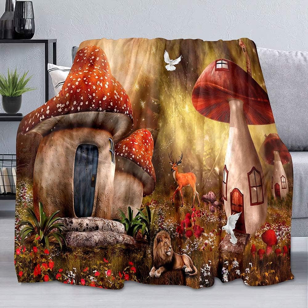 Red Trippy Mushroom Throw Blanket, Deer Lion Dove Enchanted Forest ...