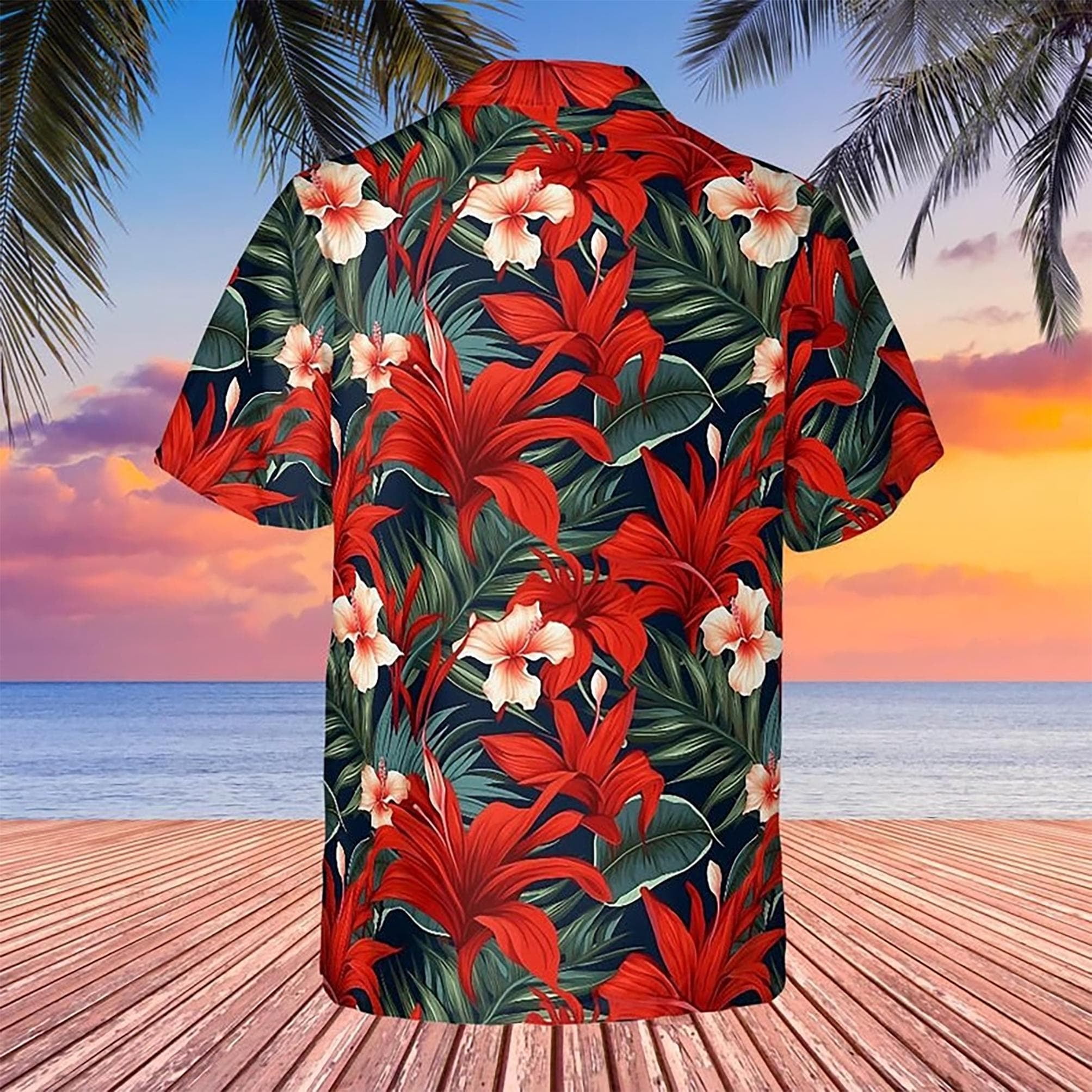 Red Tropical Flowers Hawaiian shirt, Floral Print Summer Hawaii shirt ...