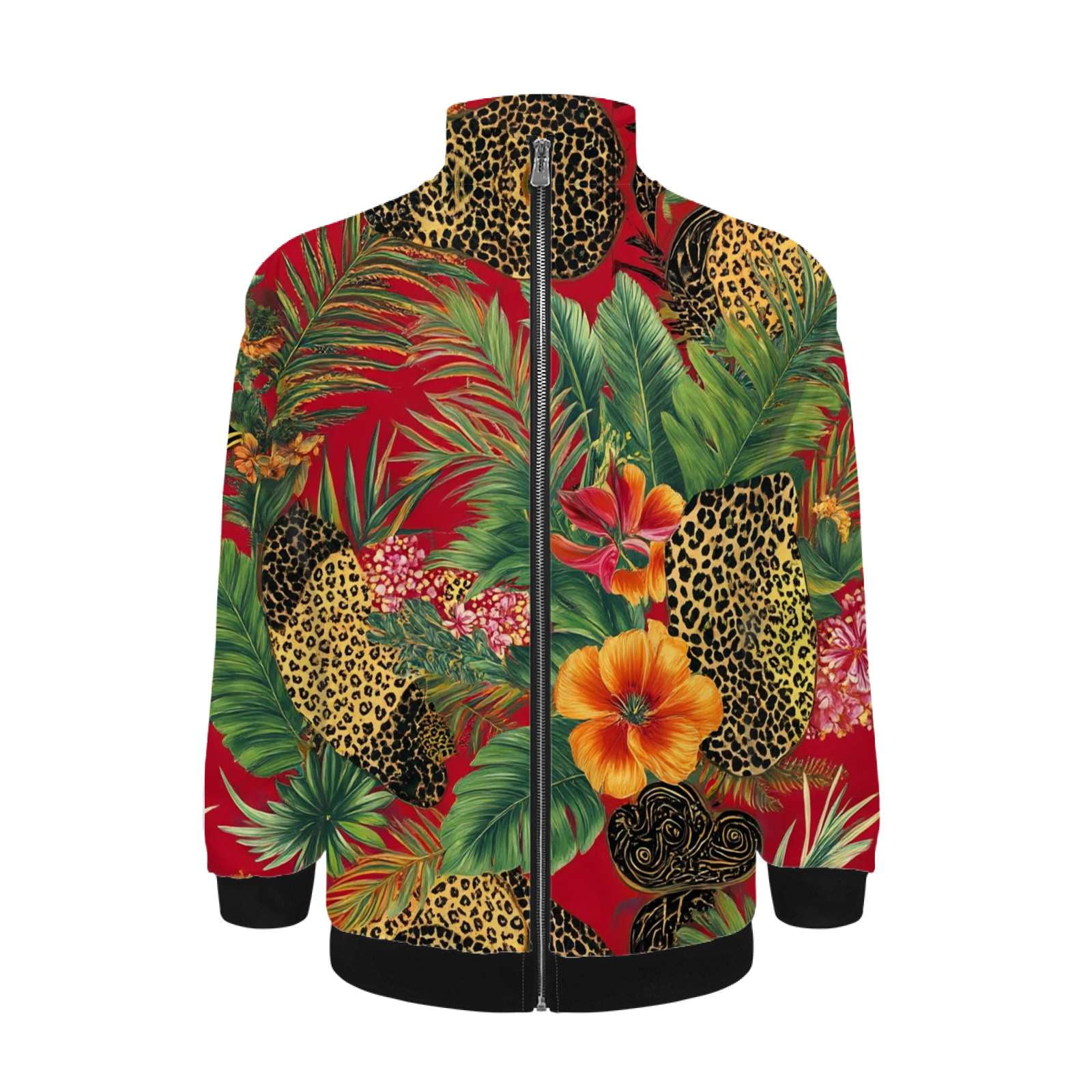 Red Tropical Print Leopard Flowers Jacket Men's Street Cool Long ...