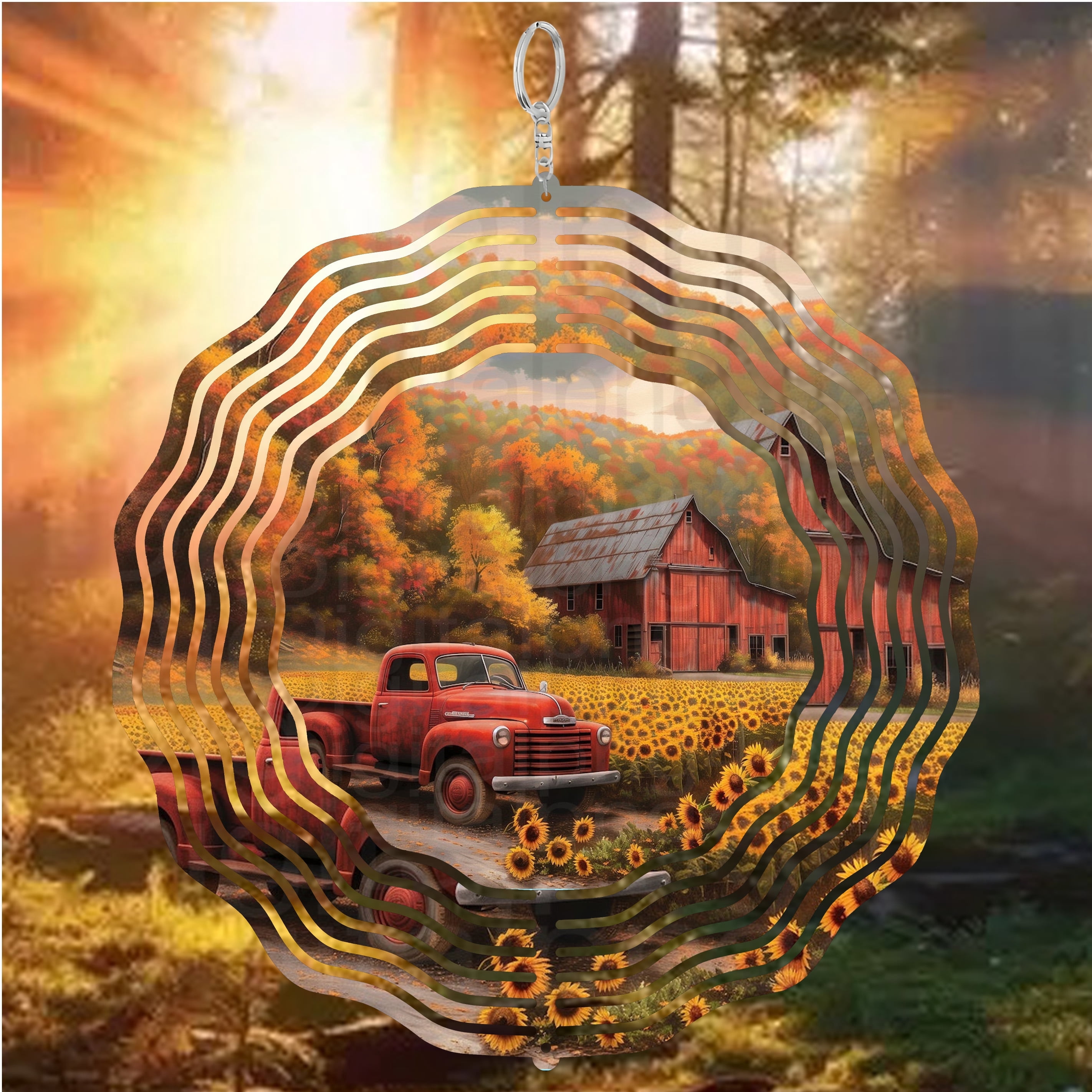 Red Truck Barn Sunflowers Farm 3D Wind Spinner Stainless Steel Kinetic ...
