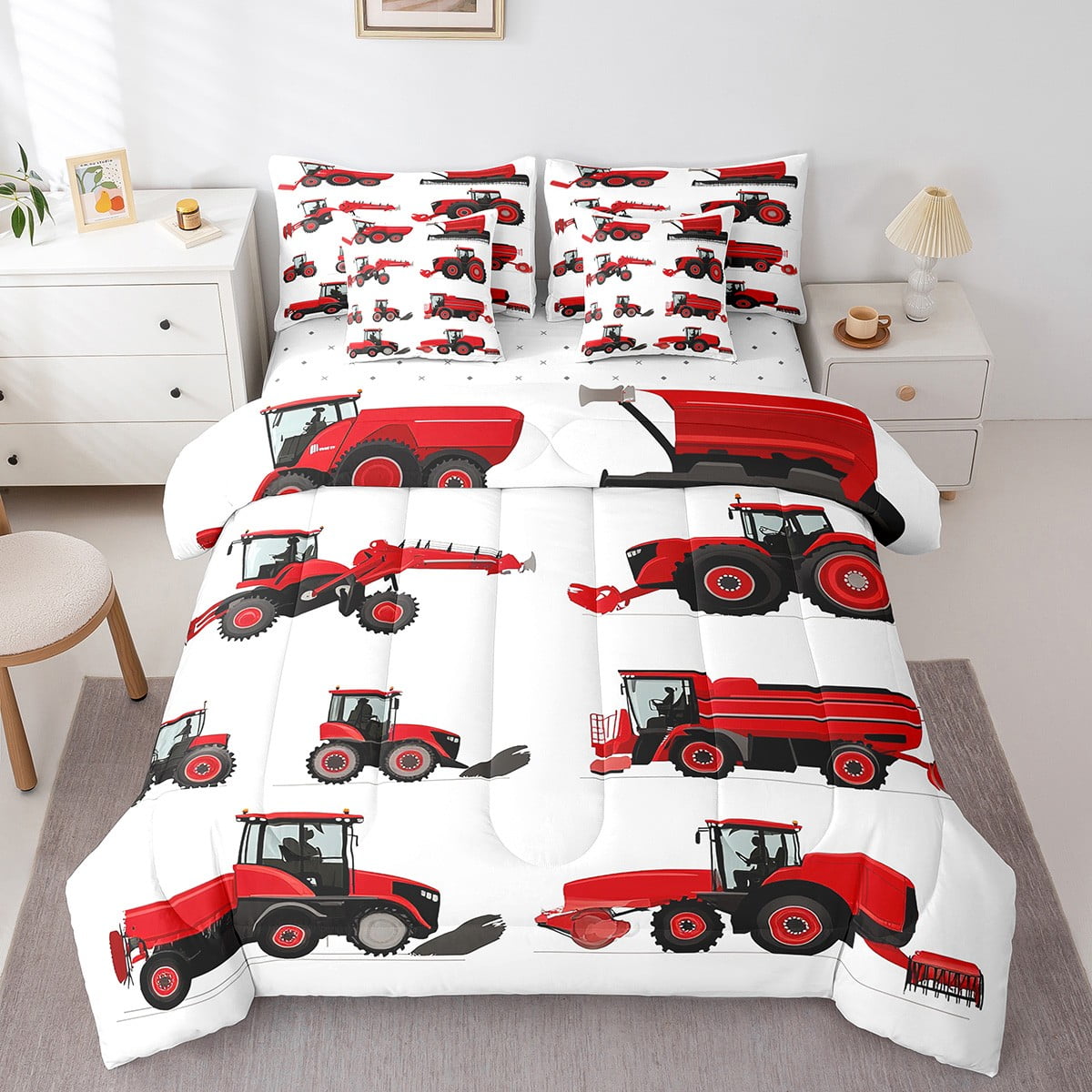 Red Truck Cars 7 Piece Bed in a Bag King Size,Machinery Tractor Bedding ...
