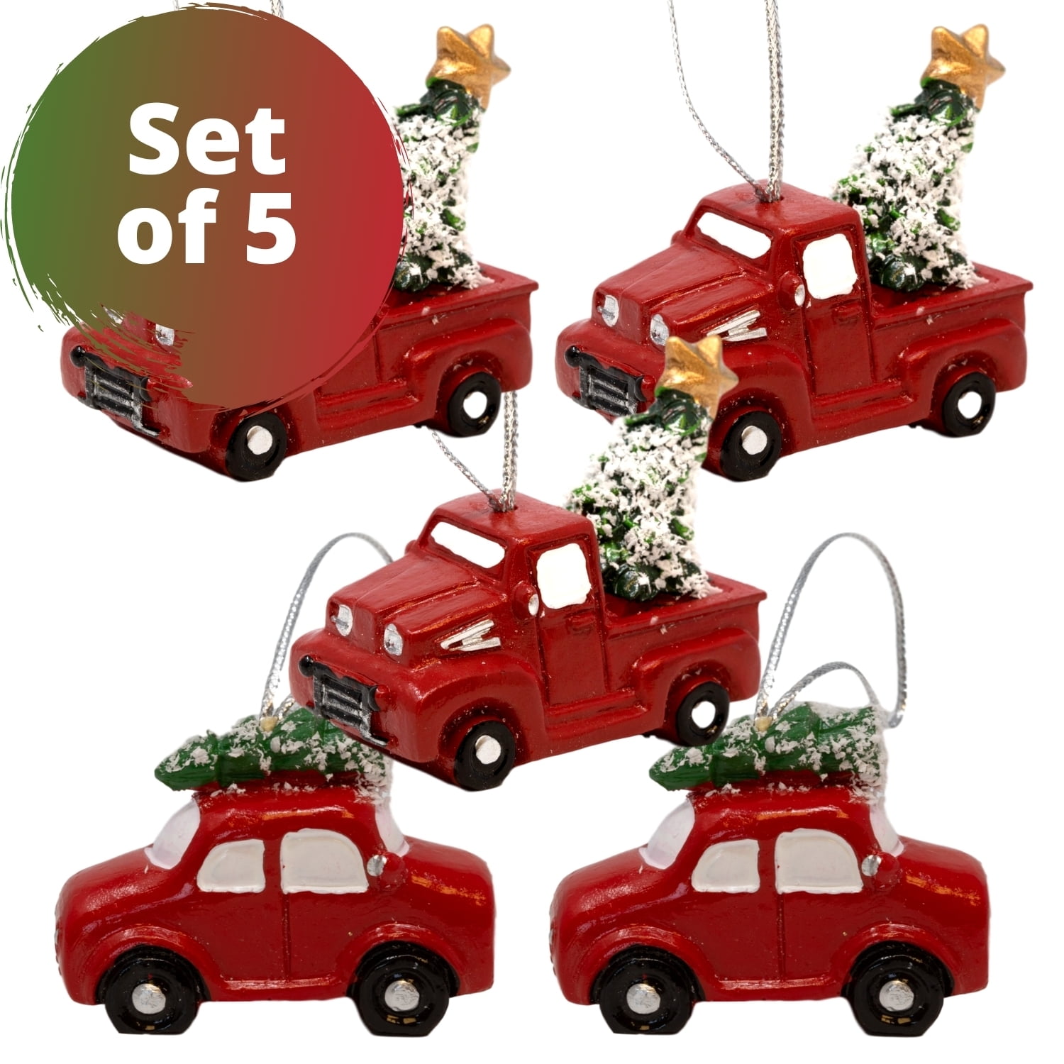 Red Truck Christmas Ornaments - 3 Pickup Trucks and 2 Cars - Measures 2 ...