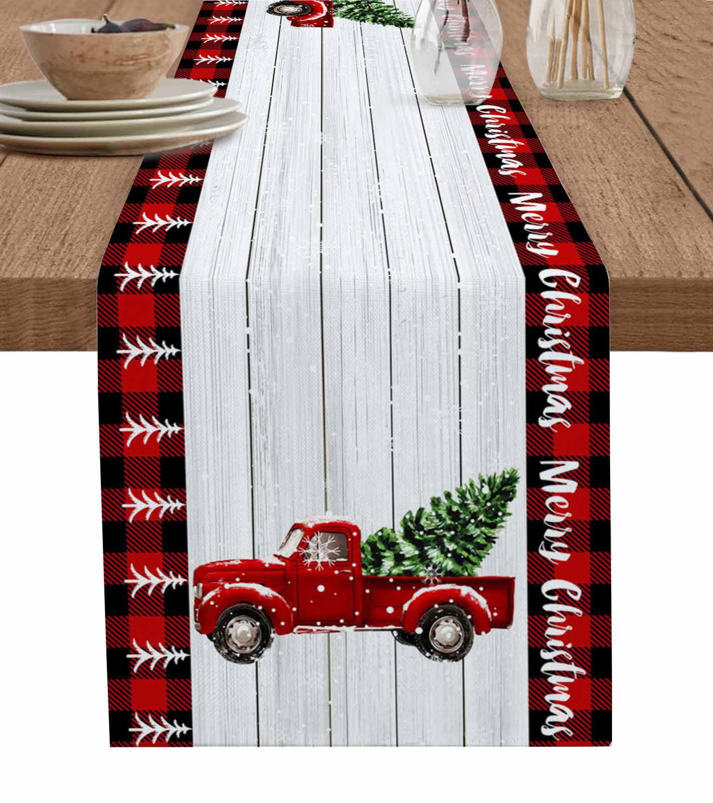 Red Truck Christmas Table Runner 120 Inches, Red Black Plaid Xmas Tree ...