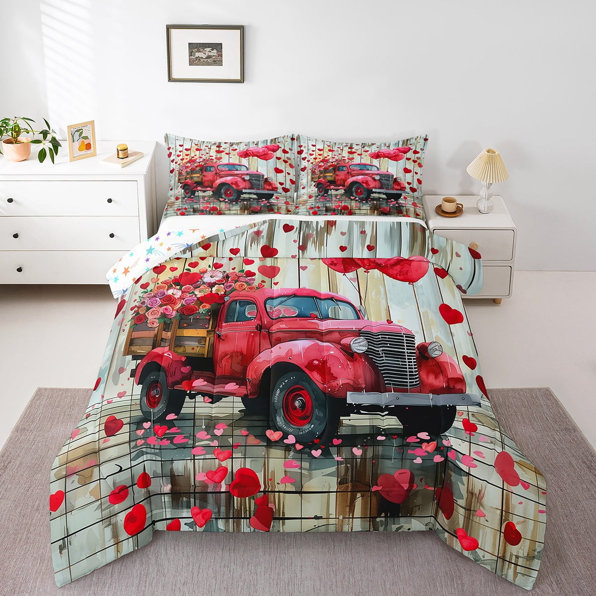 Red Truck Comforter Set Queen Size,Rustic Farmhouse Wooden Plank ...