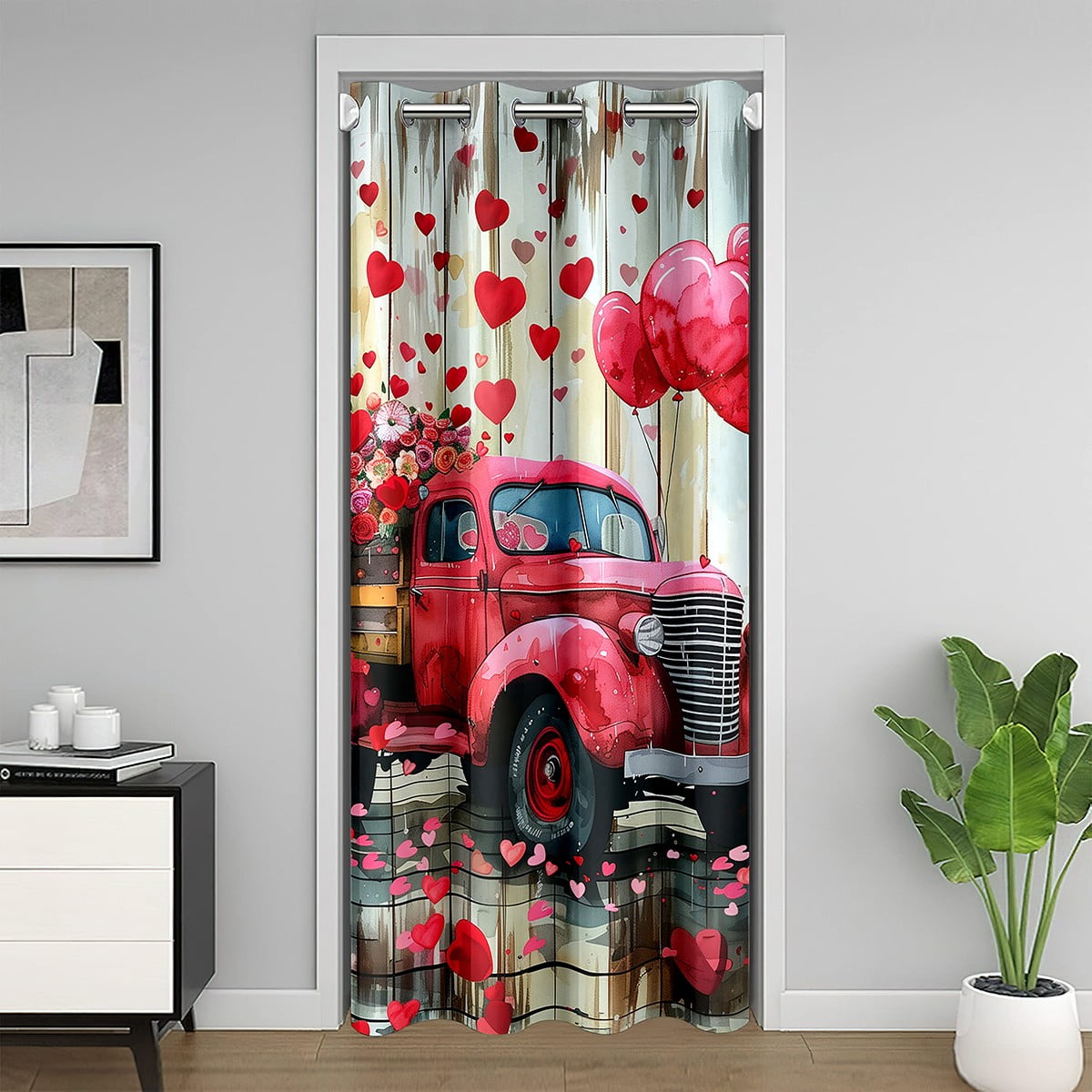 Red Truck Doorway Curtain 1 Panel 80"x52", Rustic Farmhouse Wooden ...