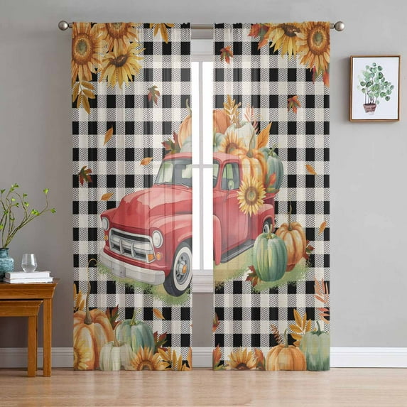 Red Truck Fall Sheer Curtains 72 Inches Long 2 Panels Set, Window Sheer ...