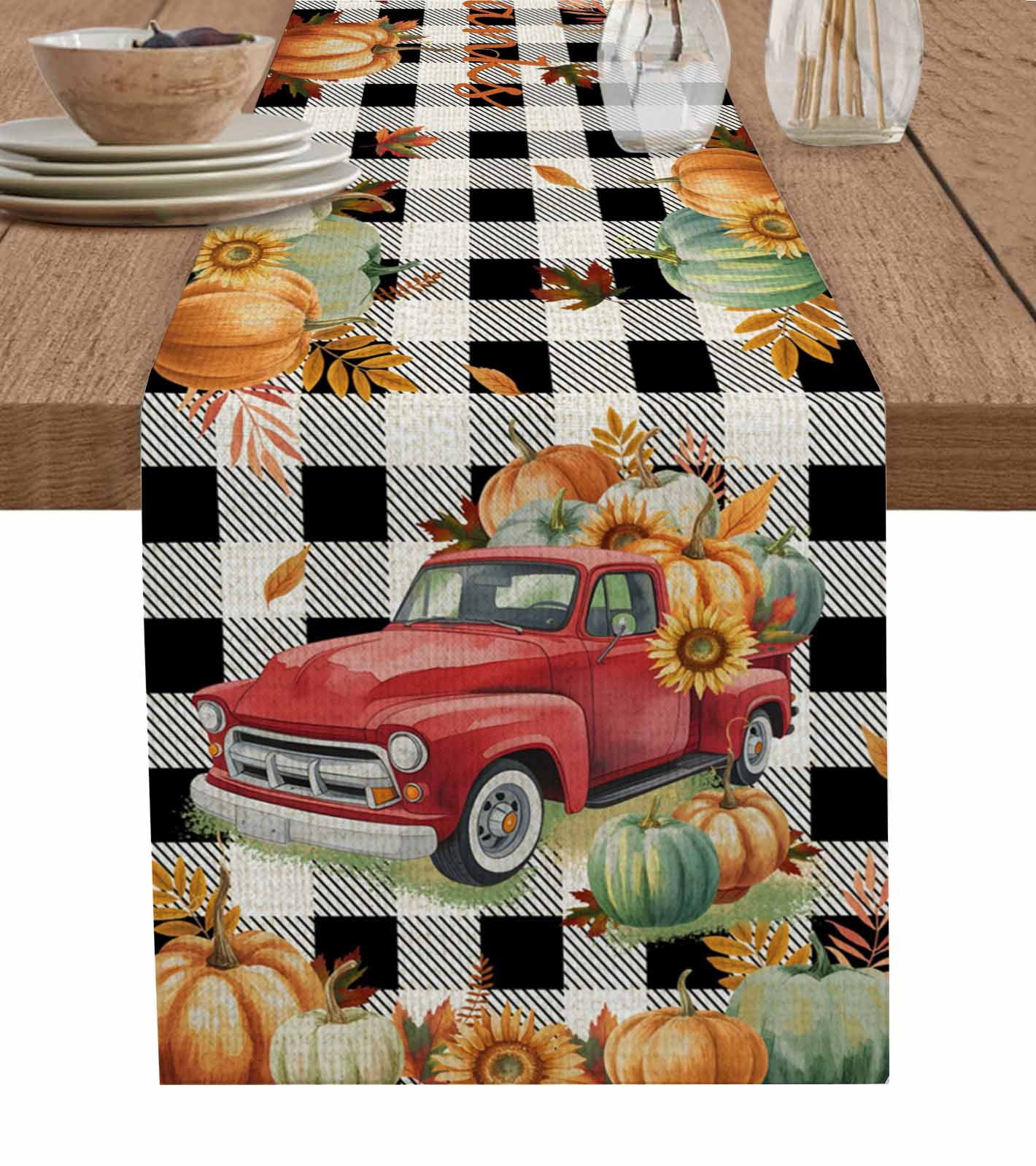 Red Truck Fall Table Runner 72 Inches, Thanksgiving Sunflower Pumpkins ...
