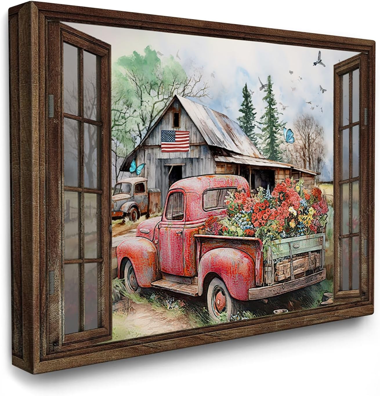 Red Truck and Farmhouse Barn Canvas Wall Art Christian Truck Country ...
