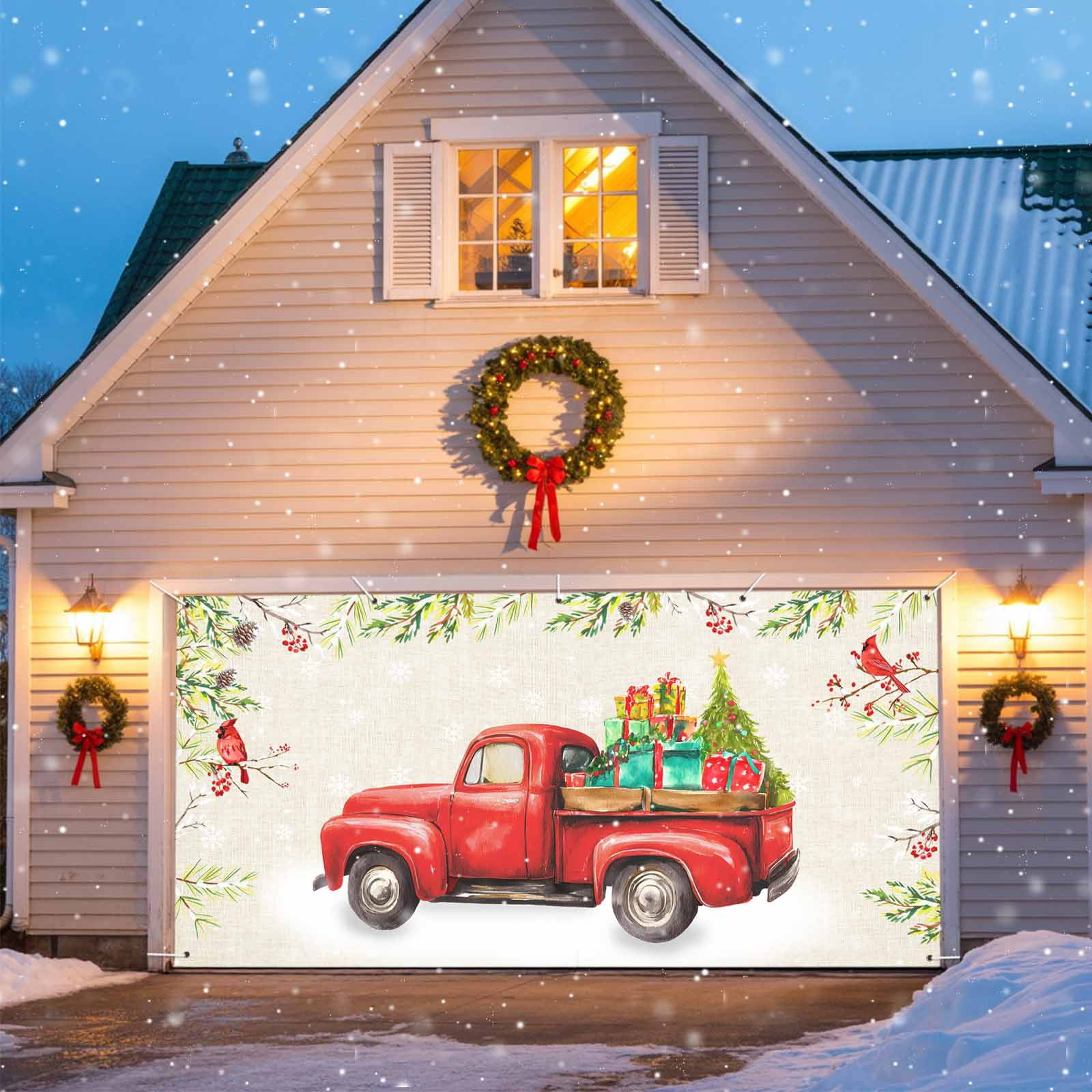 Red Truck Garage Door Decorations, 6x13ft Garage Door Cover Banner with ...