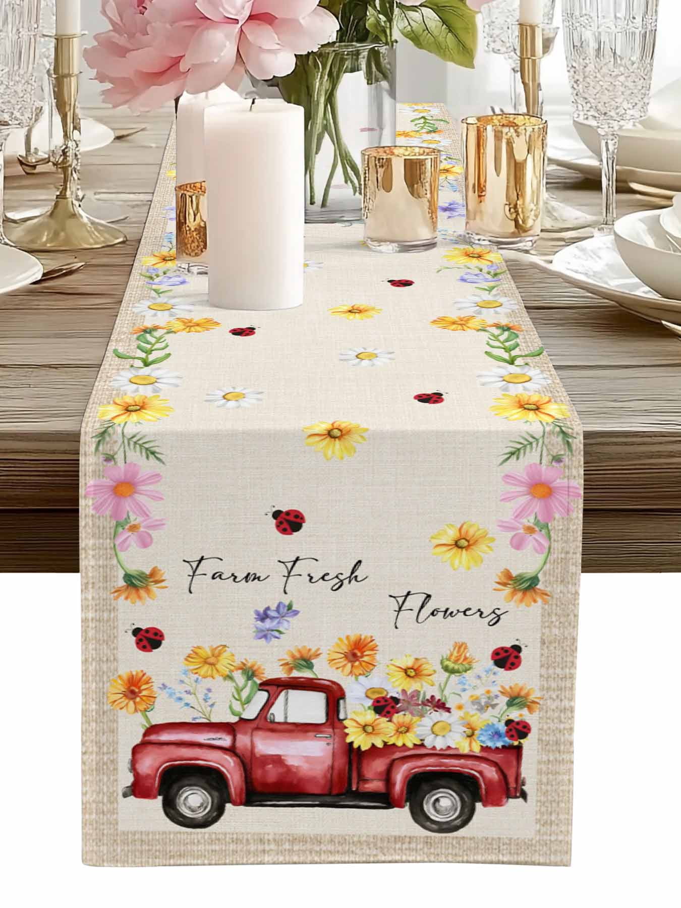 Red Truck Garden Flower Ladybird Table Runner-60 Inch Long Daisy Floral ...