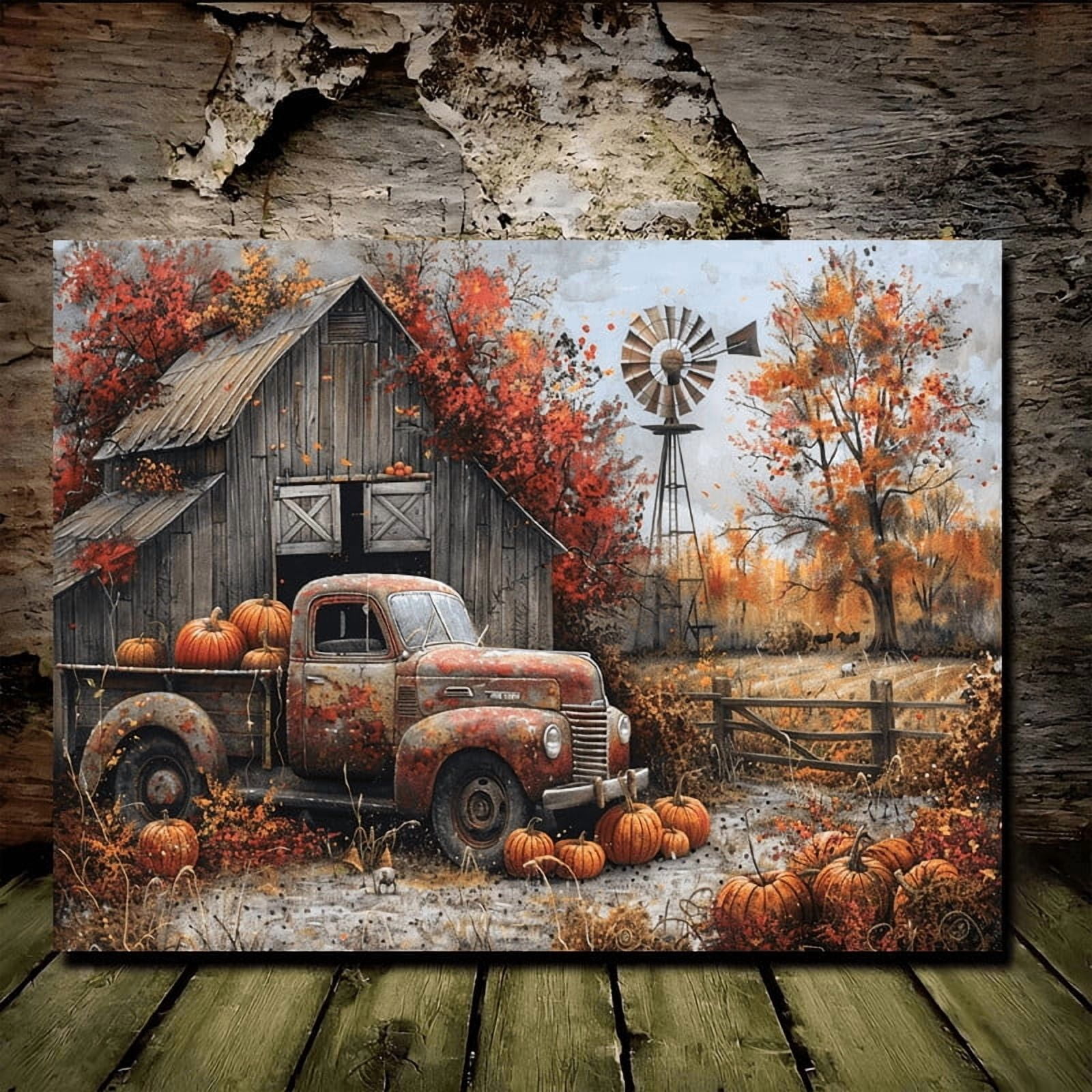 Red Truck Pumpkin Barn Wall Art Print, Autumn Decor - Walmart.com