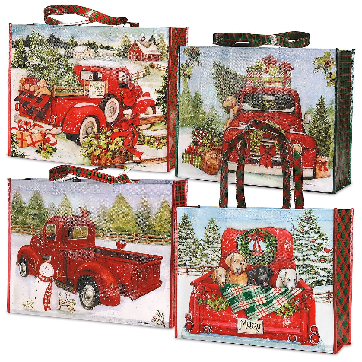 Red Truck & Pups Shopping Totes - Set of 4, 13 by 16 Inch Reusable Bags ...