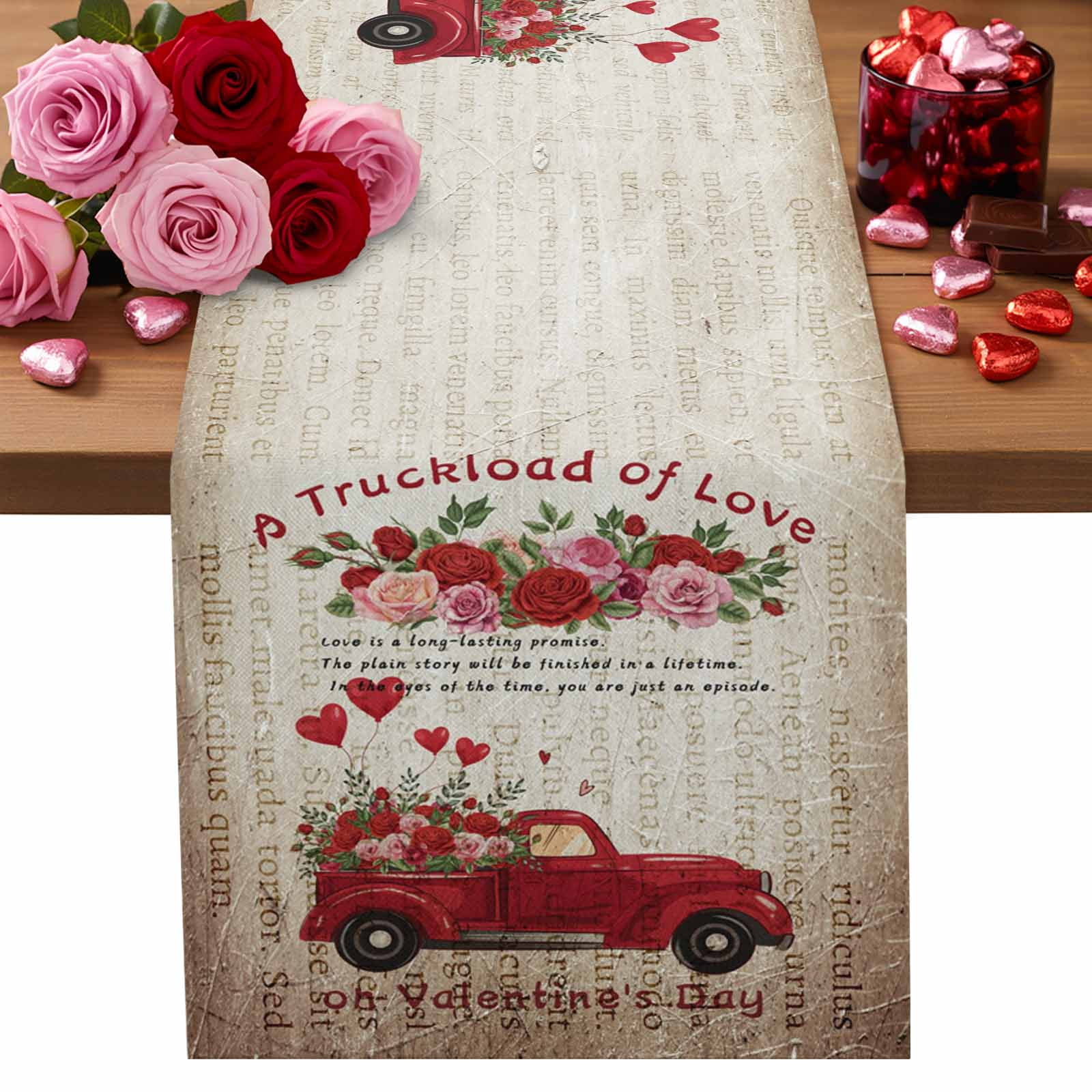 Red Truck Table Runner 13 x 72 Inch, Rose Flower Vintage Valentine's ...