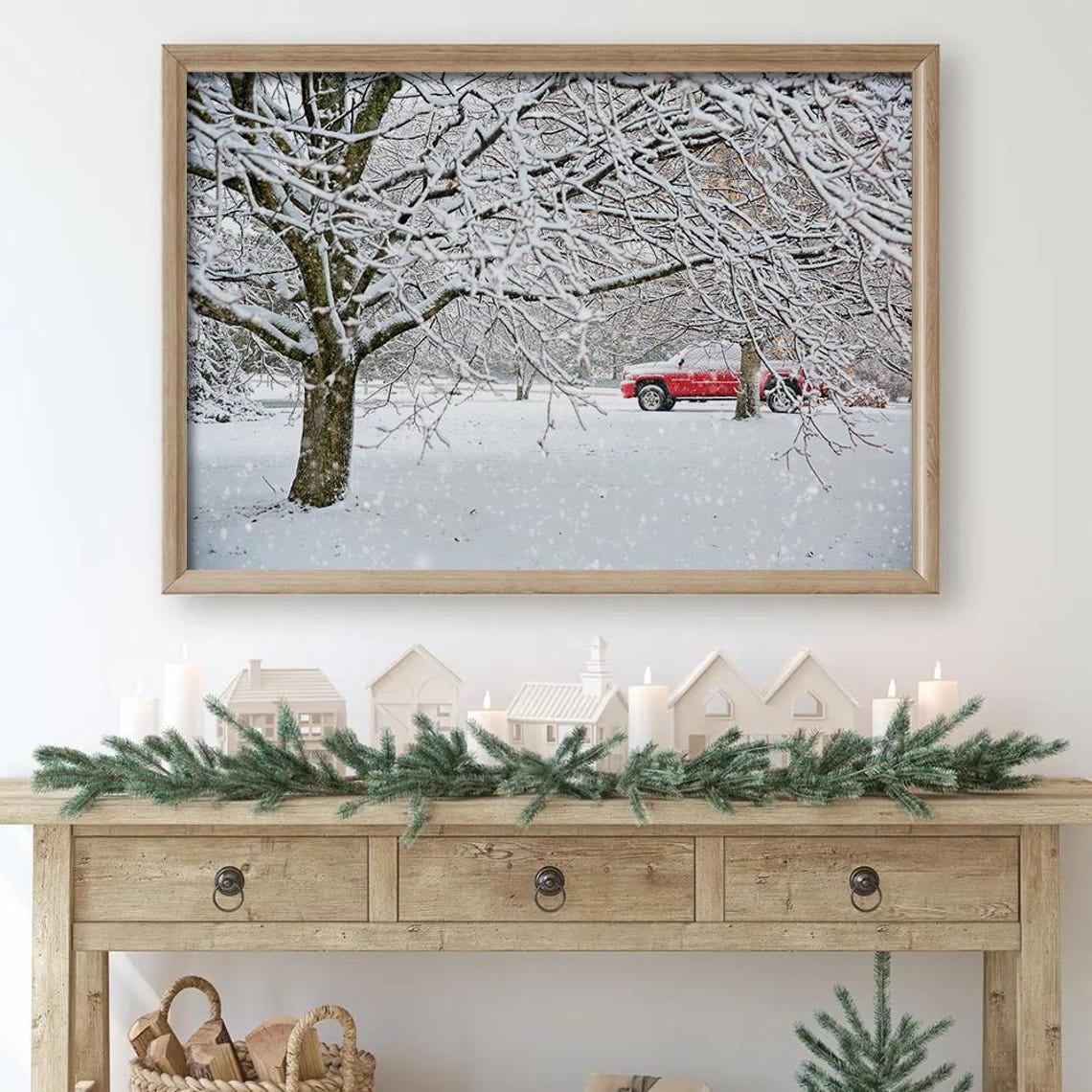 Red Truck Winter Landscape Poster Rustic Farmhouse Winter Holiday Decor ...