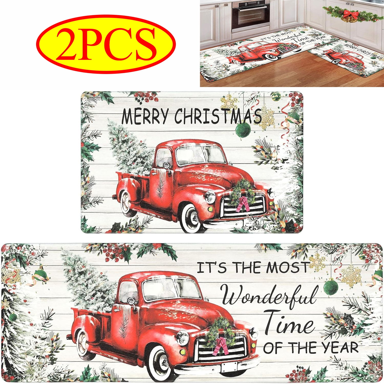 Red Truck Xmas Tree Kitchen Rugs And Mats Set Of 2 Merry Christmas Anti Fatigue Kitchen Floor