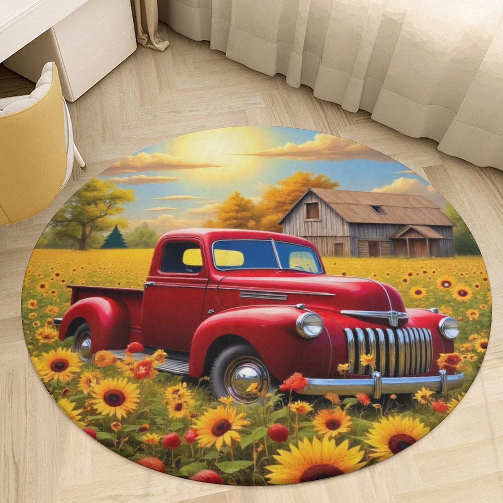 Red Truck in Sunflower Field Round Area Rugs for Bedroom Living Room ...