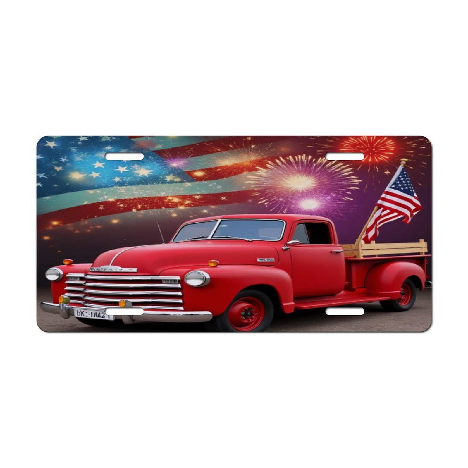 Red Truck with American Flag And Fireworks License Plate Lightweight ...