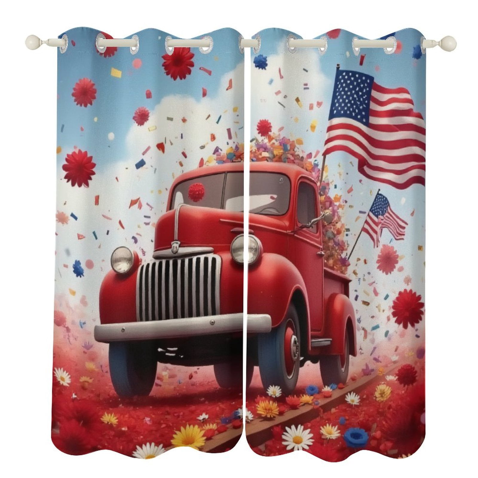 Red Truck with American Flags 2 Panels 3D Printing Pattern Curtain for ...